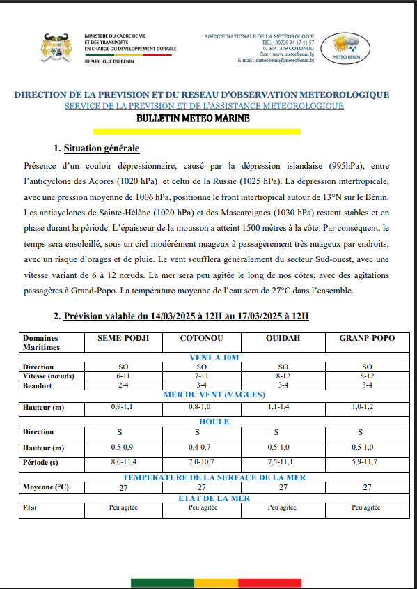 Bulletin météo marine du 14 mars 2025