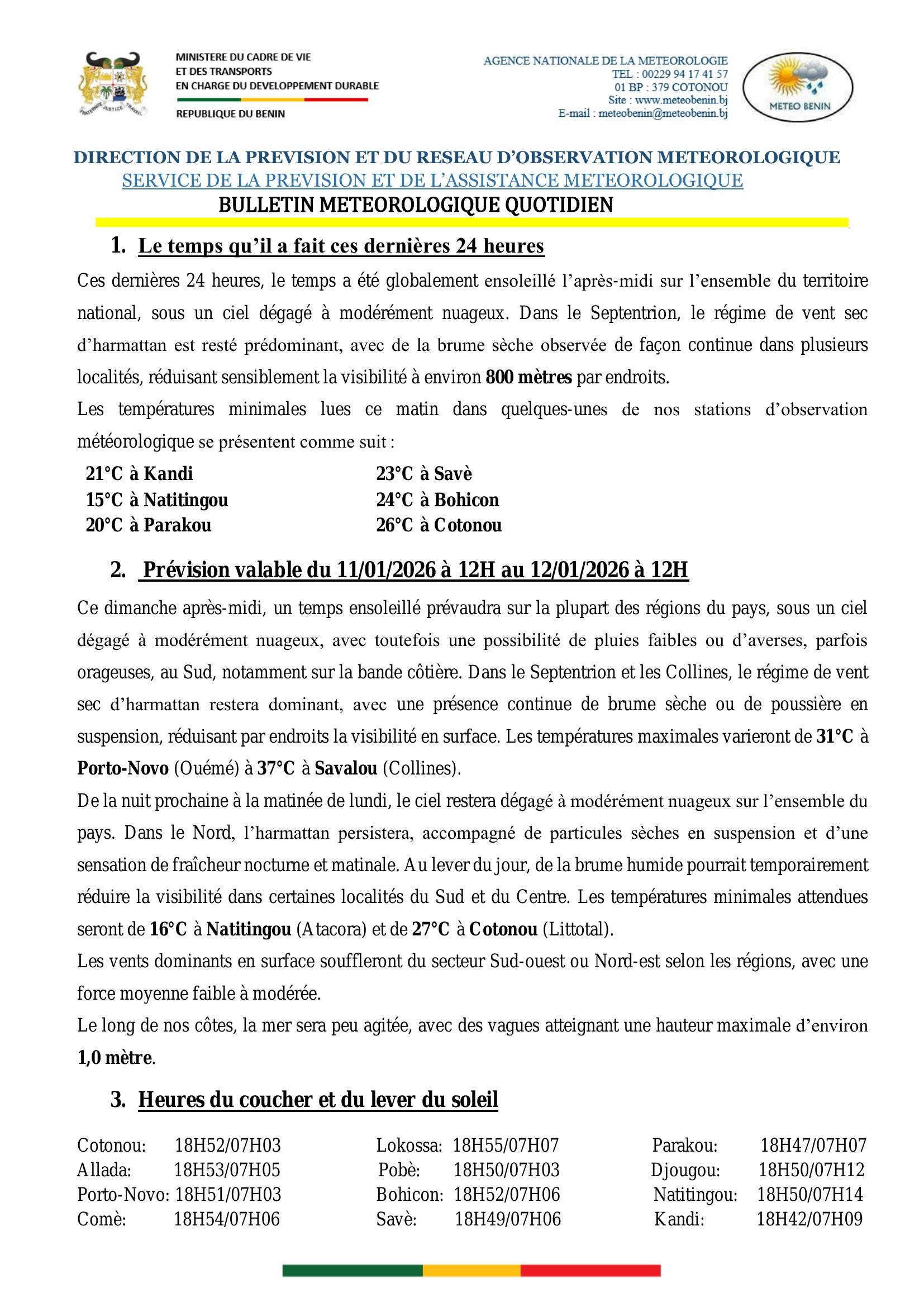 Bulletin Météo Quotidien du 11 janvier 2026