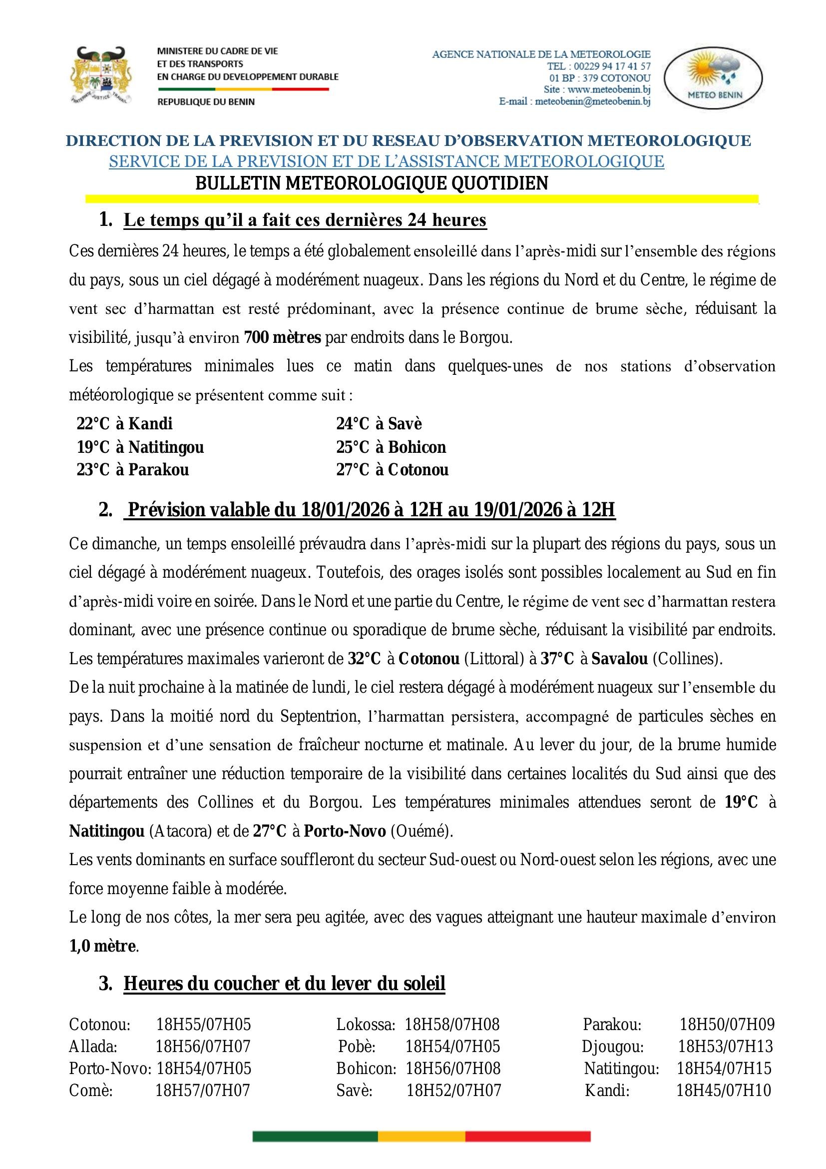 Bulletin Météo Quotidien du 18 janvier 2026