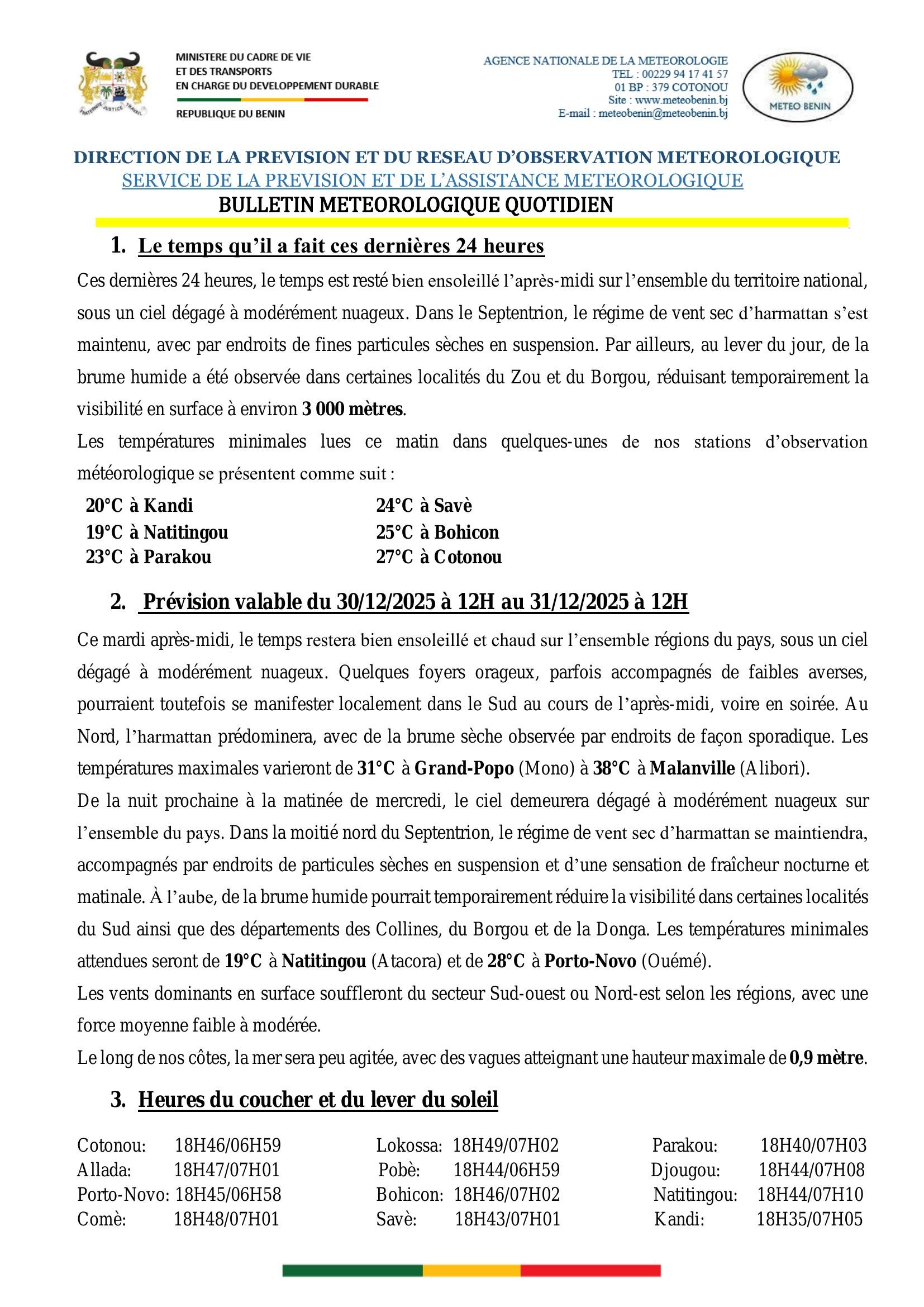 Bulletin Météo Quotidien du 30 décembre 2025