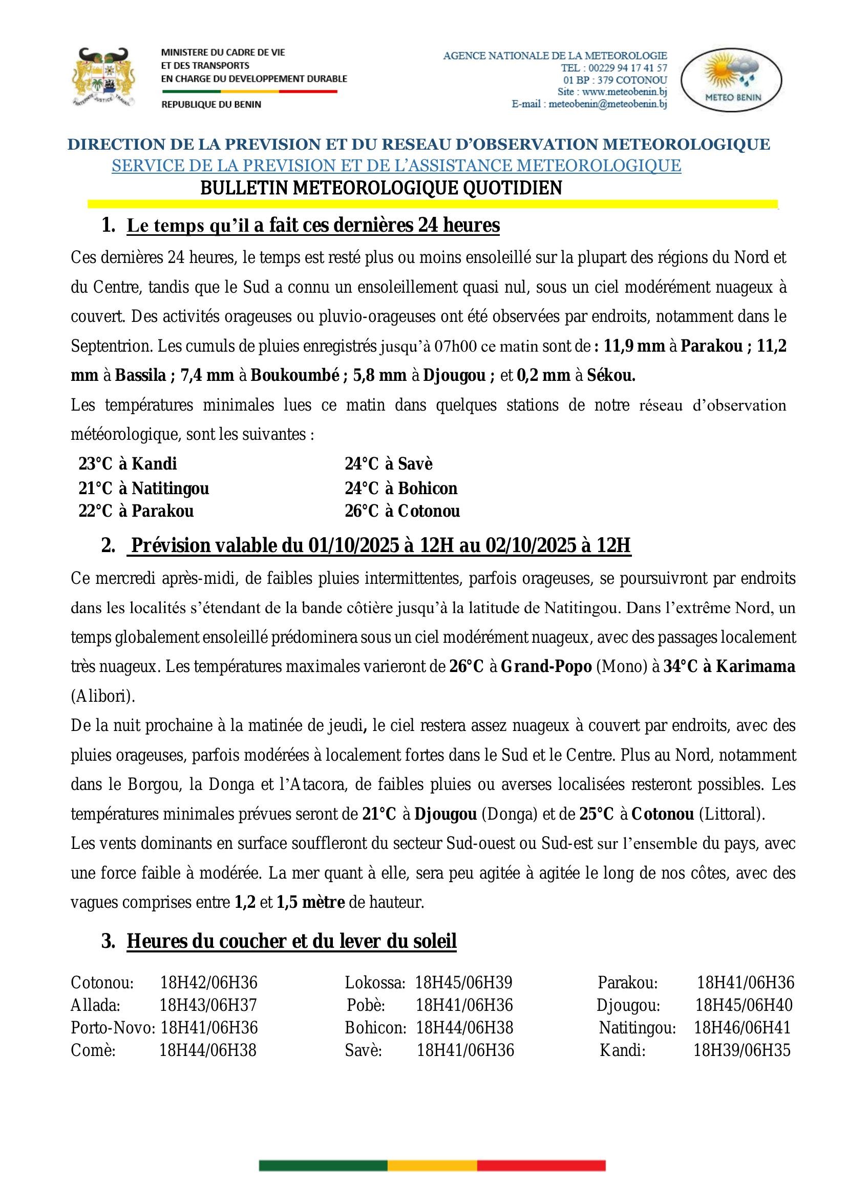 Bulletin Météo Quotidien du 01 octobre 2025