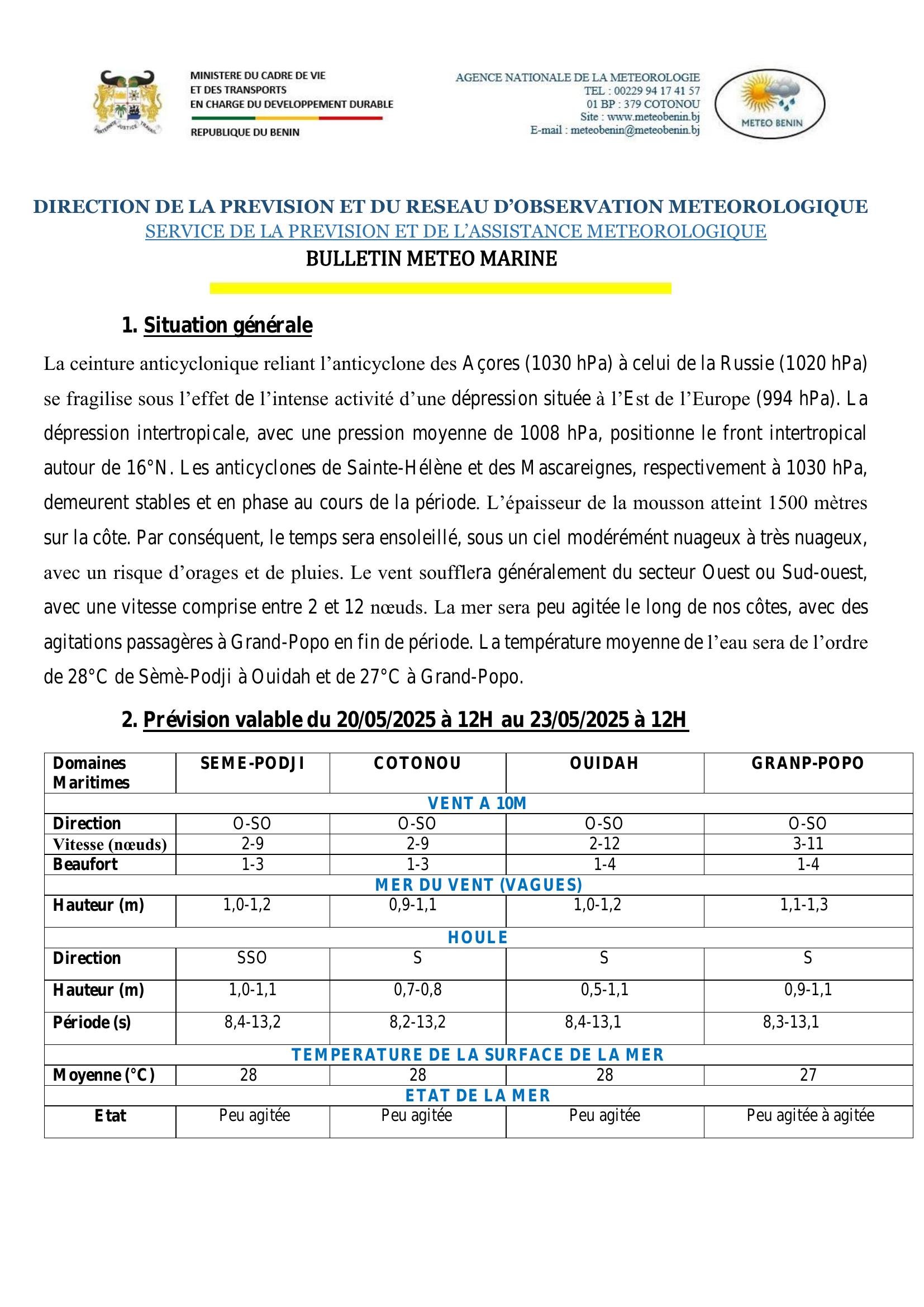 Bulletin météo marine du 20 mai 2025